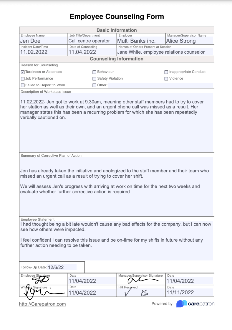 Employee Counseling Form Template Free PDF Download